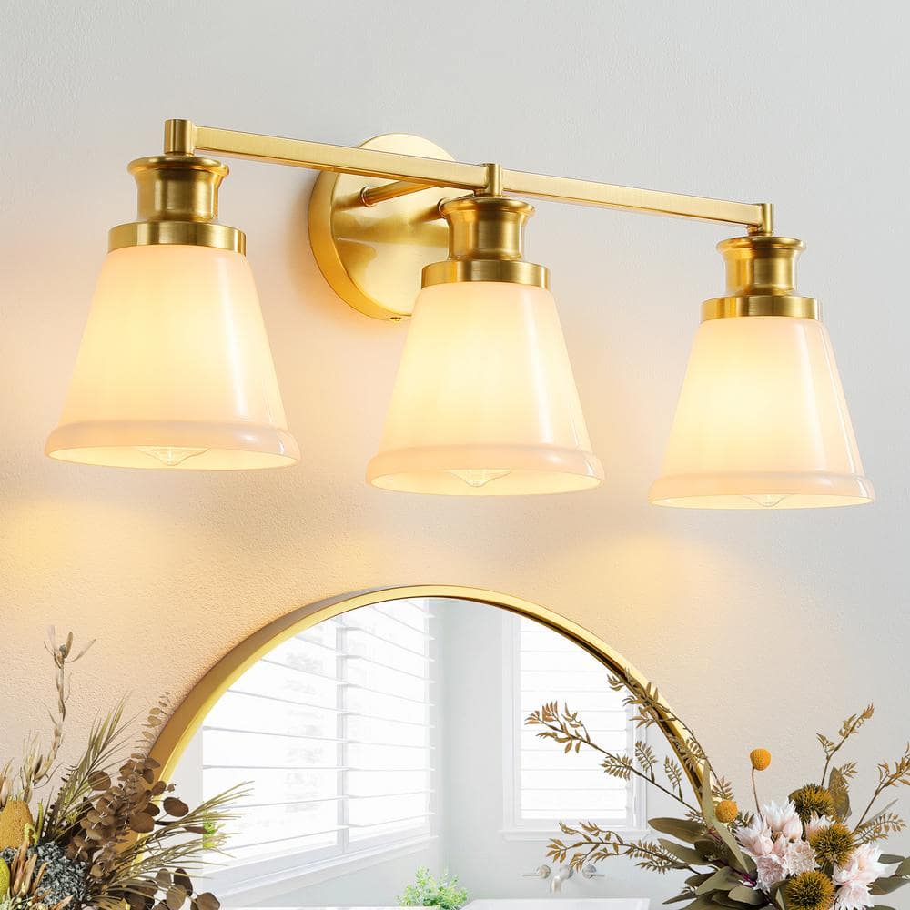 KAISITE 23 in. 3-Light Brushed Gold Modern Vanity Light with Milk White ...