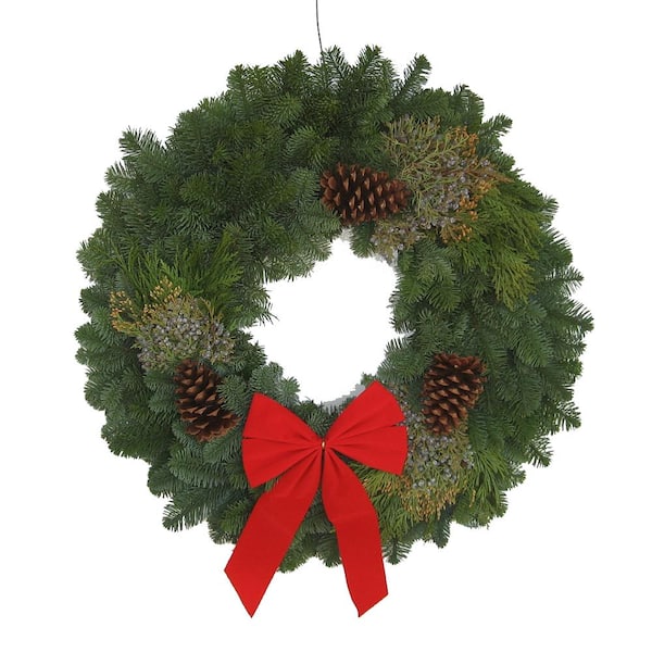 HOLIDAY TREE FARMS INC 22 in. Fresh Cut Mixed Noble Fir Wreath with Bow ...