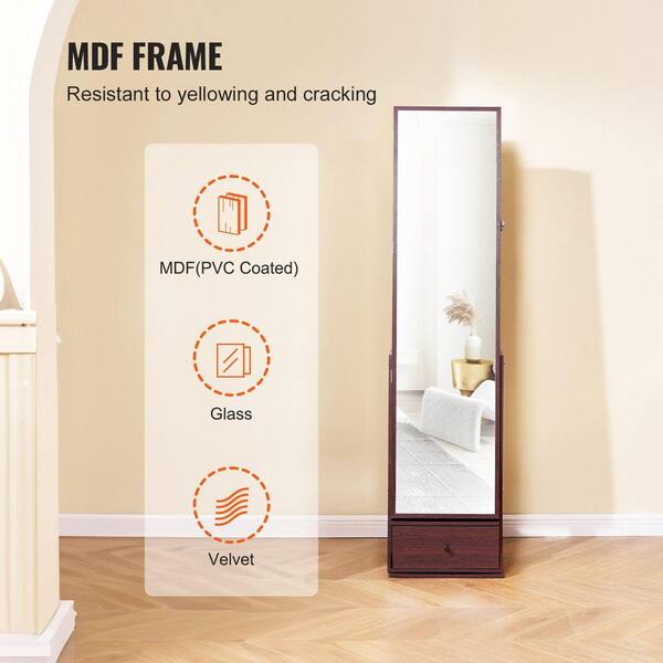 COWLOWN Brown Mirror Jewelry Cabinet 360° Swivel Standing Mirror with ...
