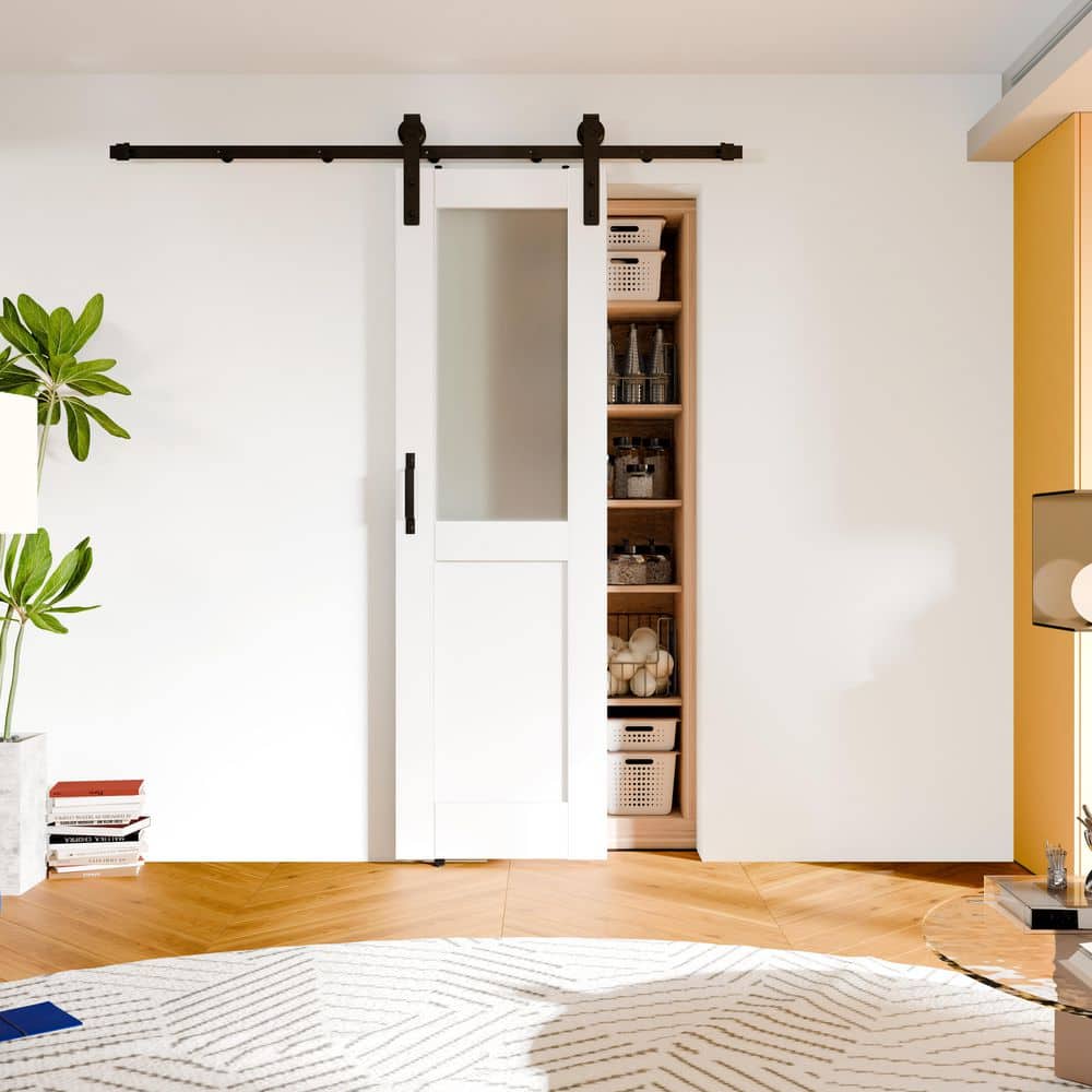 TENONER 28 in. x 80 in. 1/2 Lite Frosted Glass White Primed Solid Core ...