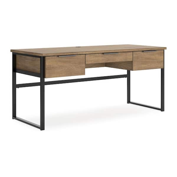 Benjara Tey 66.88 in. Rectangular Light Brown Wood 3-Drawer Writing ...
