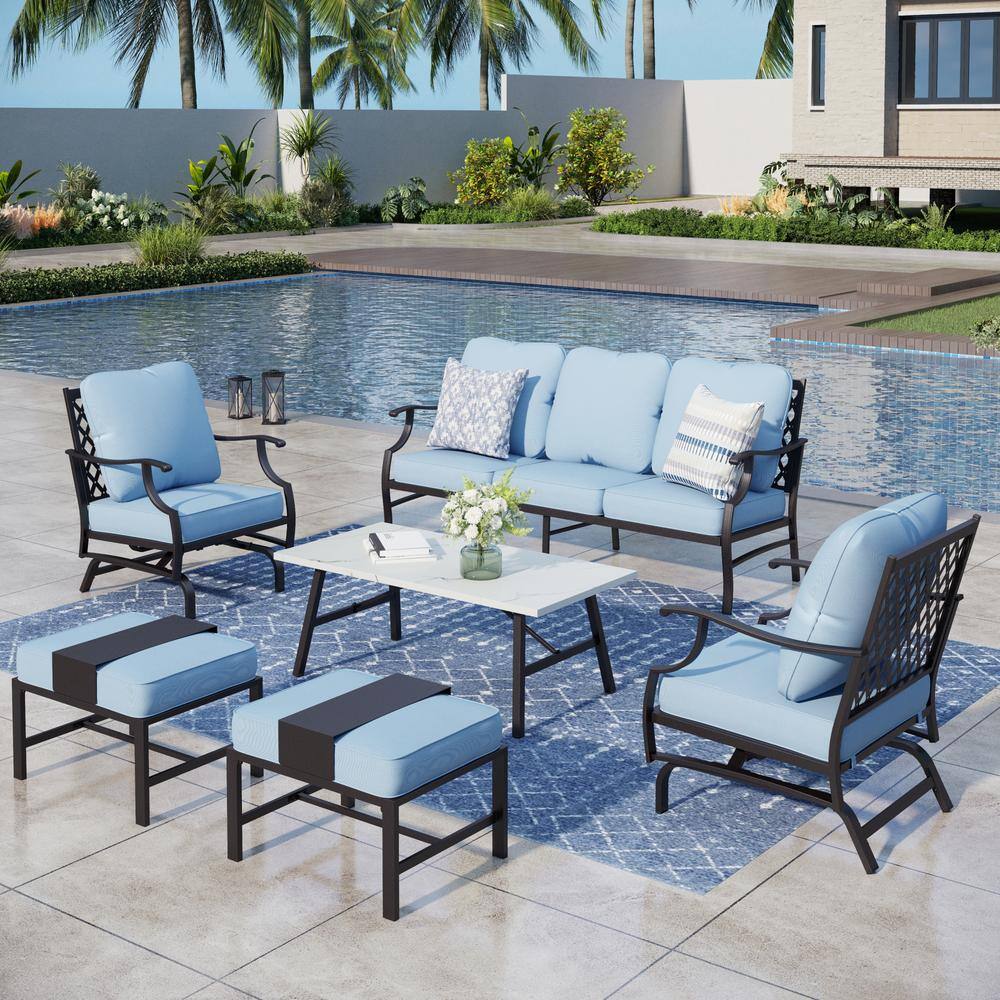 PHI VILLA Black Meshed 7-Seat 6-Piece Metal Outdoor Patio Conversation ...