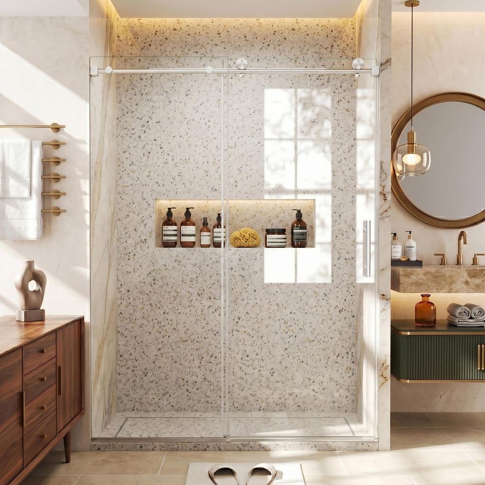 ShellyWave 56-60 in.Wx76 in.H Frameless Sliding Shower Door, 3/8in ...
