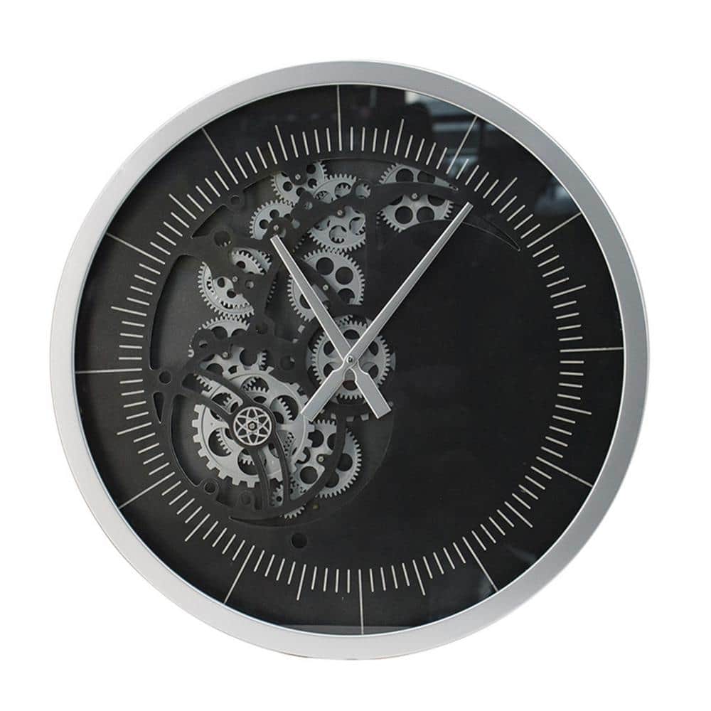 Benjara Silver and Black Analog Metal with Decorative Gear Design Wall ...