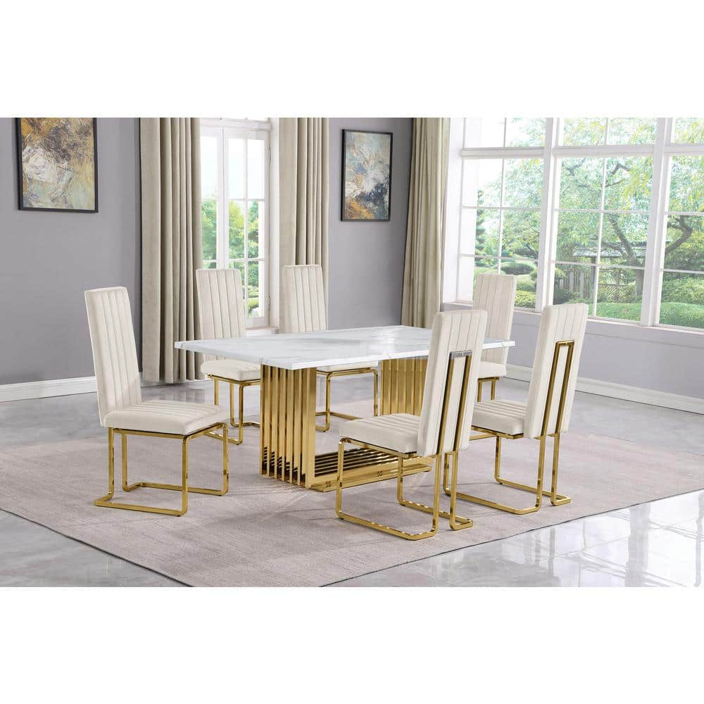 Best Quality Furniture Lisa 7-Piece Rectangle White Marble Top Gold ...