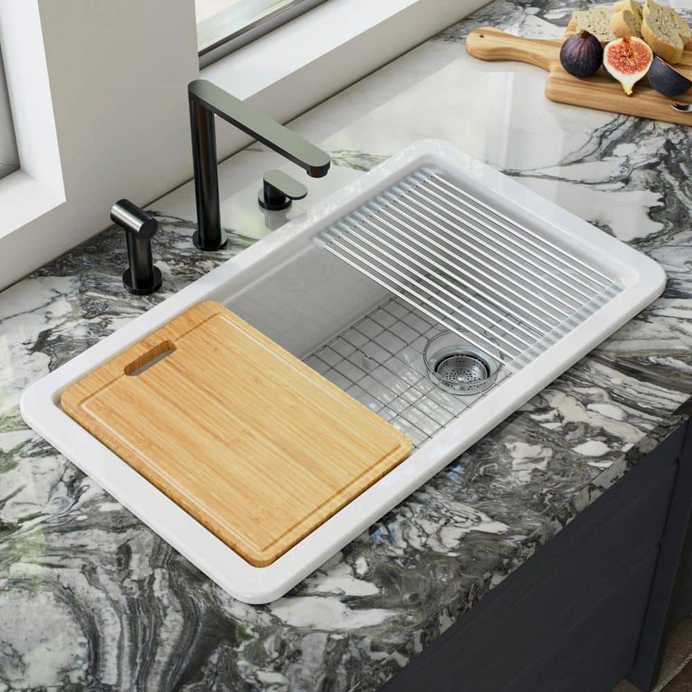 Los Flexi Undermount Kitchen Sink 33 in. x 19 in. Workstation White Fireclay Single Bowl, Drying ...