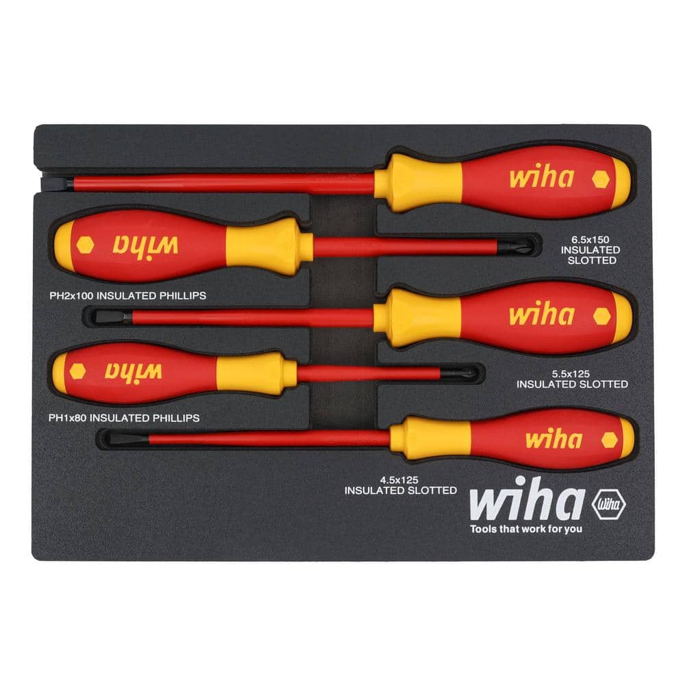 Wiha 1000-Volt Insulated Soft Finish Screwdriver Tray Set Includes Slotted, Phillips (5-Piece ...