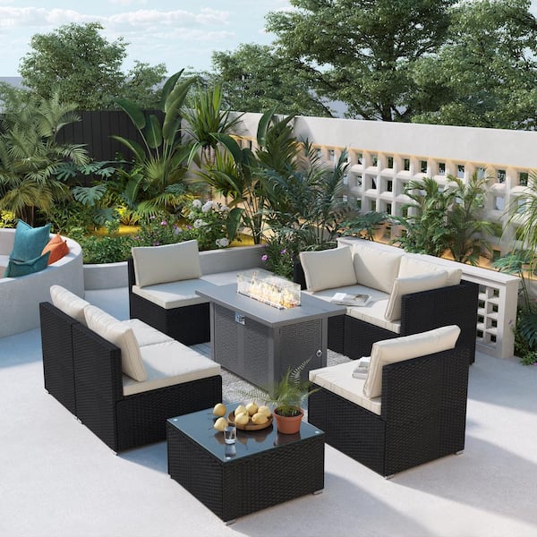 LQOFZ 8-Piece Black Wicker Patio Conversation Set with 42 in. Outdoor ...