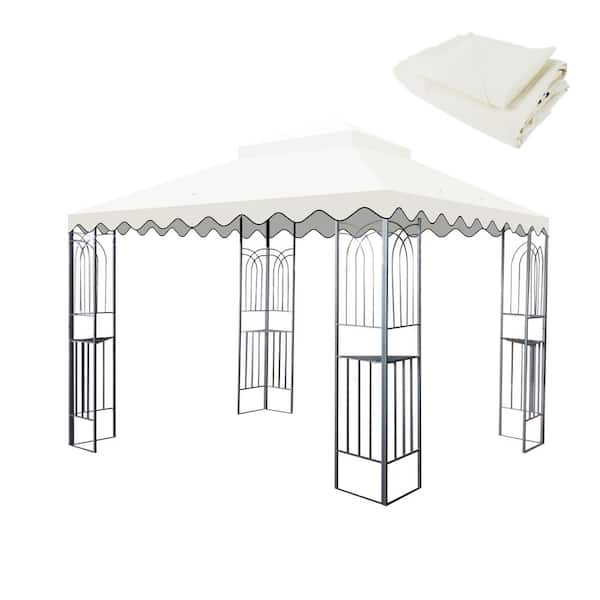 118 in. x 118 in. Beige Patio Gazebo Replacement Canopy Double Tiered ...