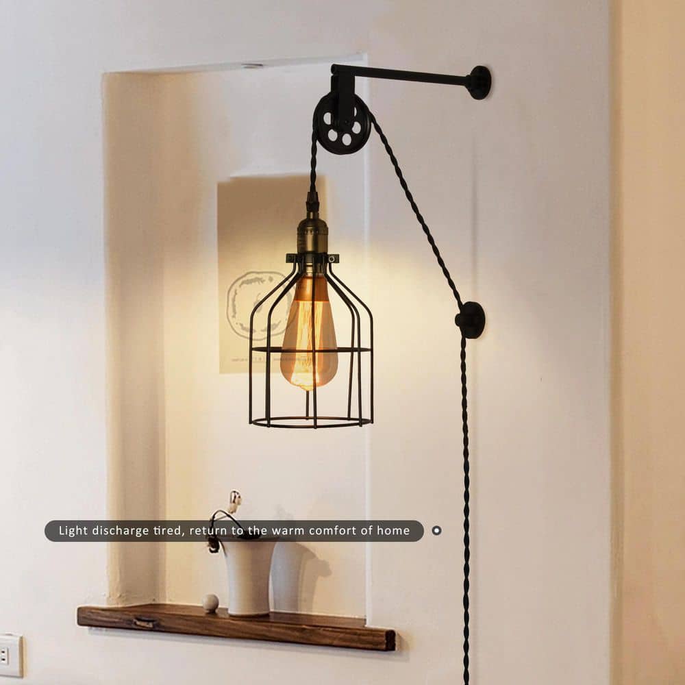 Zompoo Industrial 9.8 in. 1-Light Plug In Pulley Wall Sconces ...