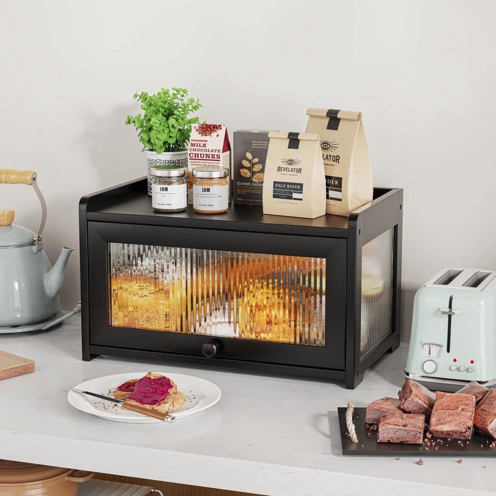 Wudkey 1-Piece Black Bamboo Bread Box, Bread Storage Container with 4 ...