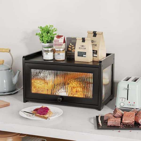 Wudkey 1-Piece Black Bamboo Bread Box, Bread Storage Container with 4 ...