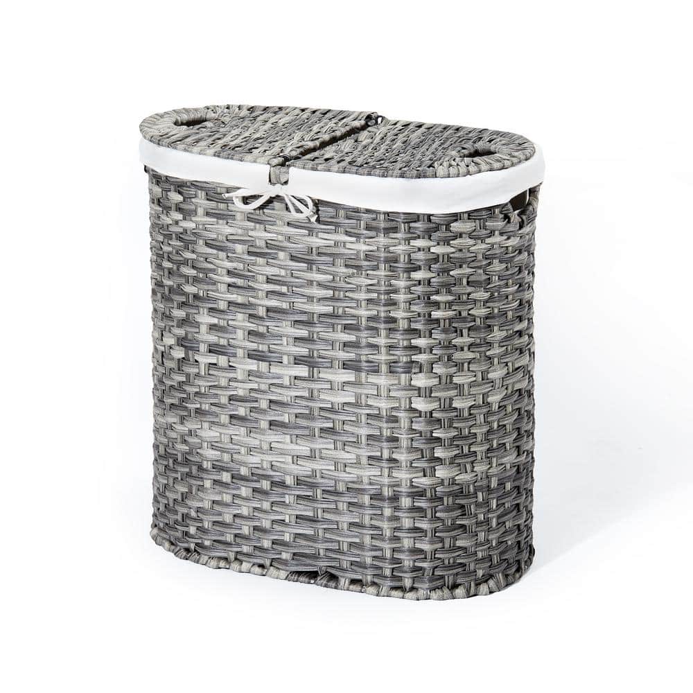 Seville Classics Light Gray Handwoven Oval Double Laundry Hamper with ...