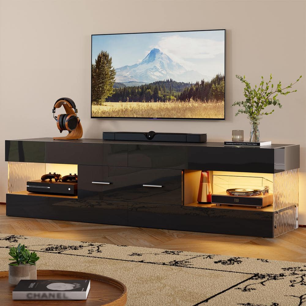 Bestier 60 in. Glossy Black Ripple Side TV Stand Fits TV Up to 65 in ...