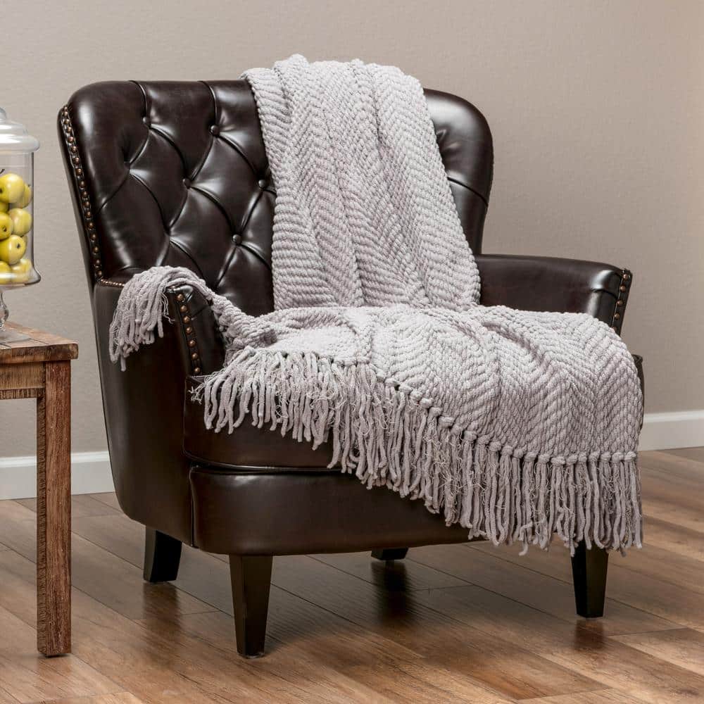 CHANASYA Textured Knit Gray Acrylic Polyester Throw Blanket with ...