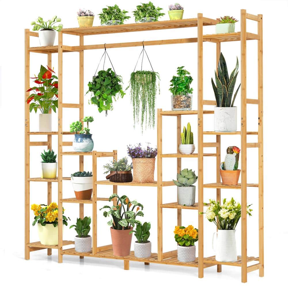 Costway Indoor Outdoor Natural Wood Bamboo Plant Stand 9-Tier Potted ...