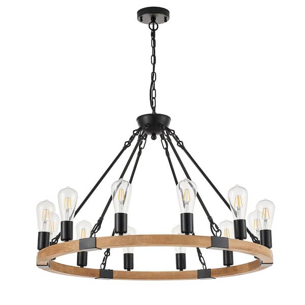 raccroc Farmhouse 12-Light Wood Wagon Wheel Chandelier, Rustic Round ...