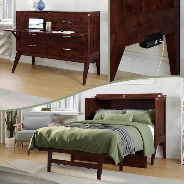 AFI Daphne Walnut Brown Solid Wood Frame Full Size Murphy Bed Desk ...