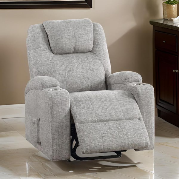 Benjara Light Gray Chenille Power Lift Recliner with Cupholders ...