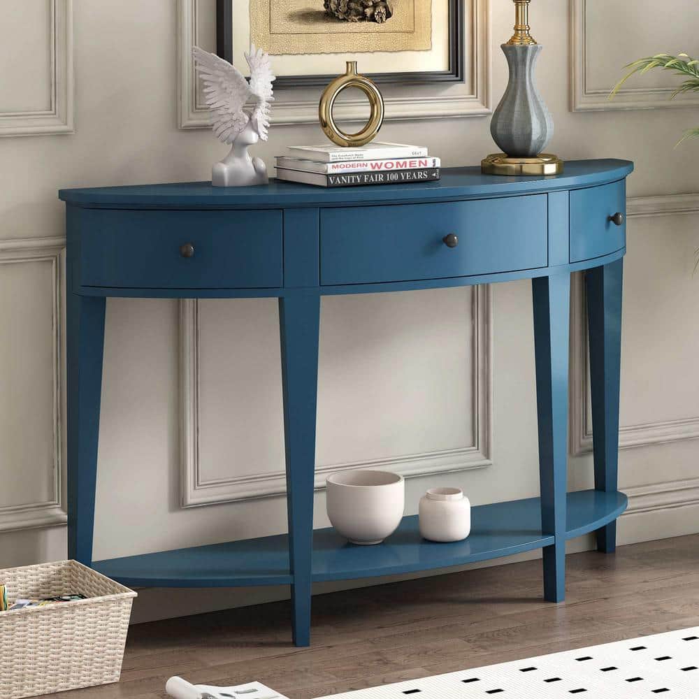 Polibi 51.1 in. Navy Blue Half-Moon Wood Console Table with 3 drawers ...