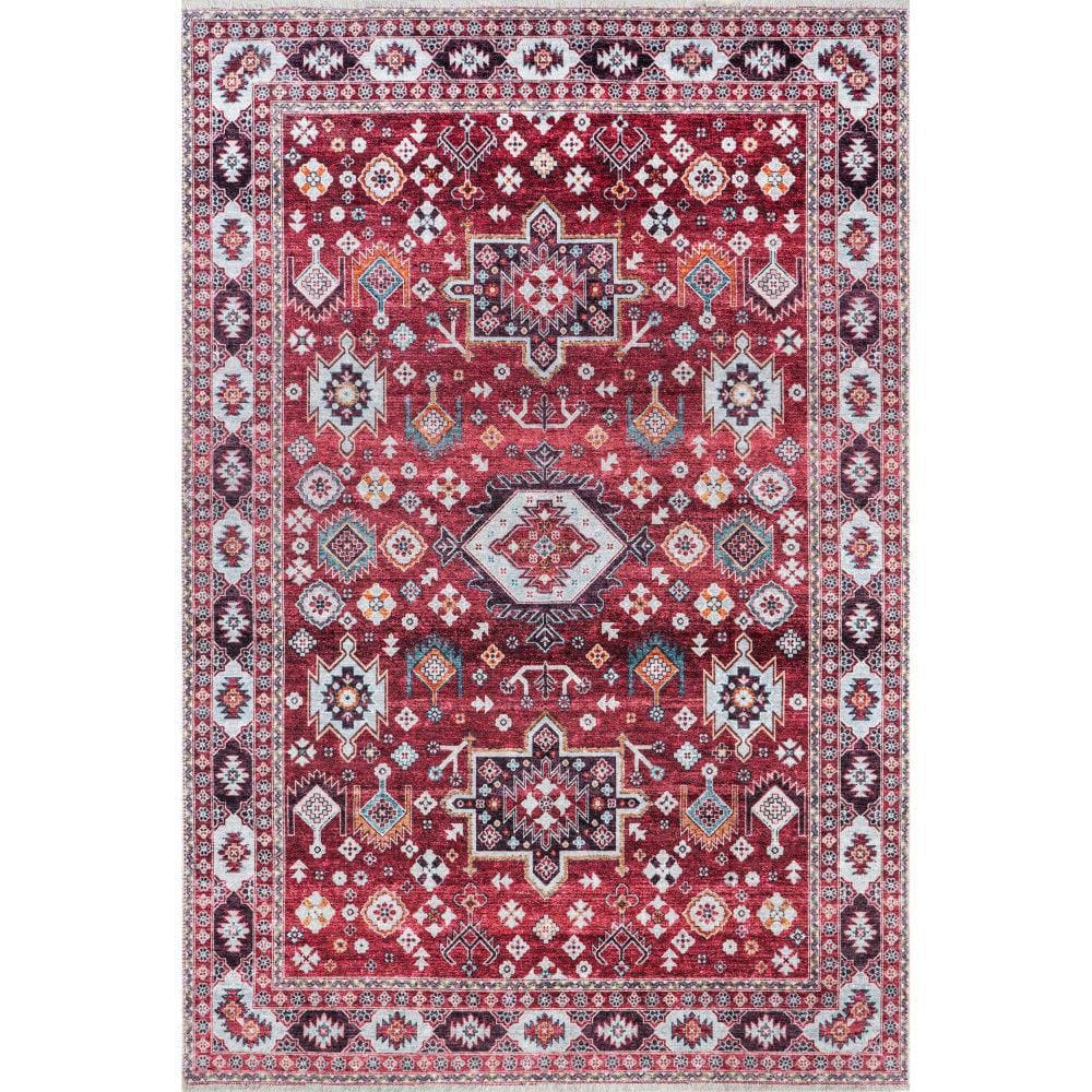 RUGS USA Kaski Geometric Machine Washable Area Rug Burgundy 9 ft. x 12 ...