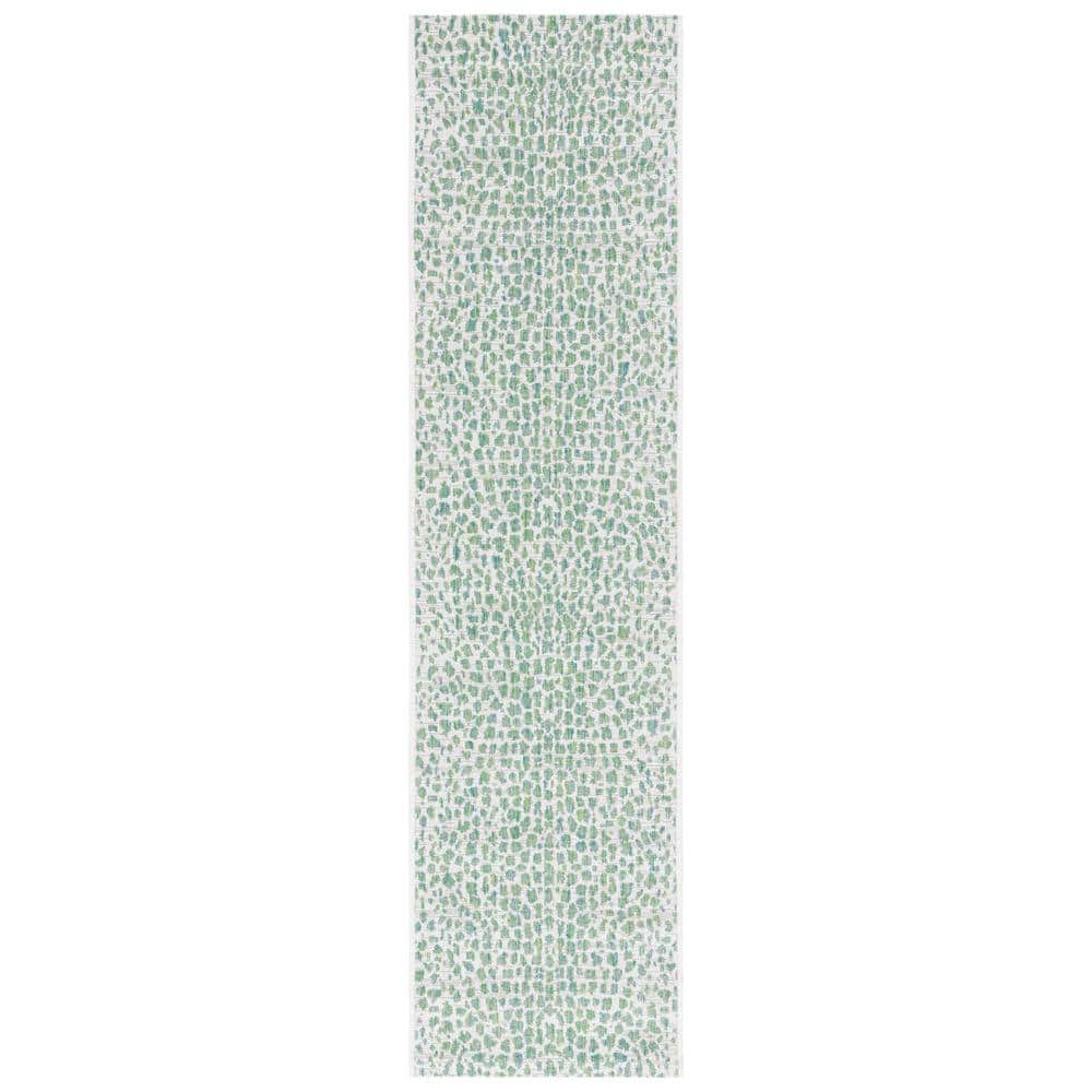 SAFAVIEH Courtyard Ivory/Green 2 ft. x 12 ft. Cheetah Geometric Indoor ...