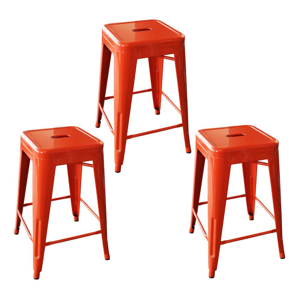 AmeriHome 24 in. Orange Metal, Backless, Stackable Bar Stool (Set of 3 ...