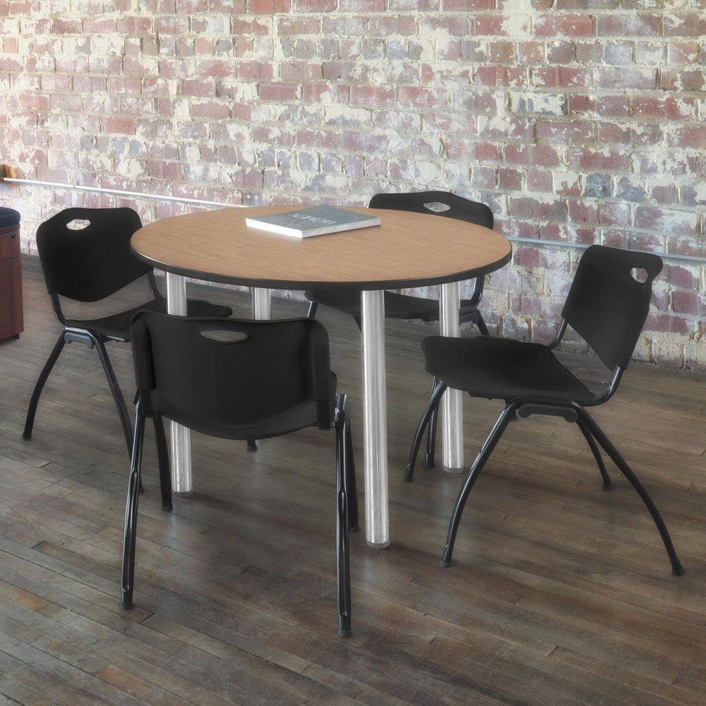 Regency Kee 36 in. Noble Oak Round Breakroom Table Desk and 4 'M' Stack ...