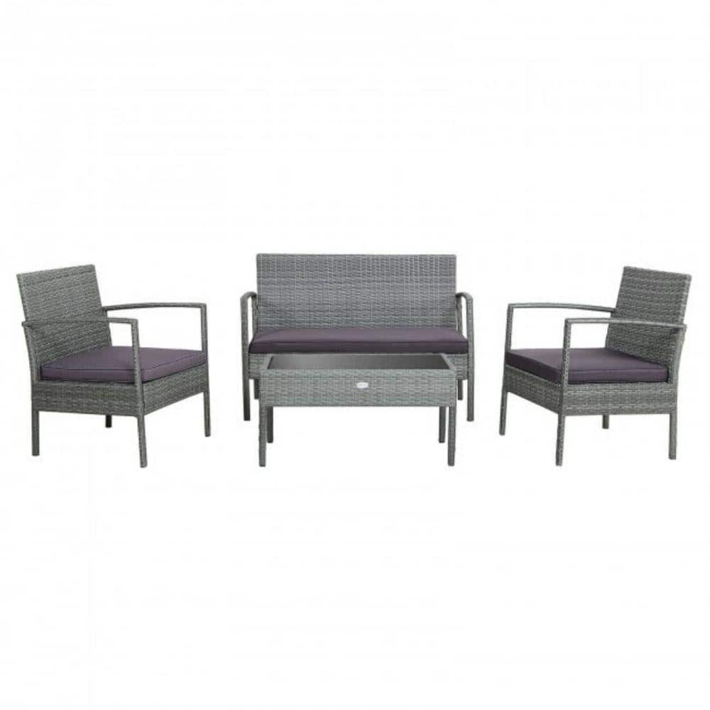 Alpulon 4-Pieces Rattan Outdoor Conversation Set with Purple Cushion ...