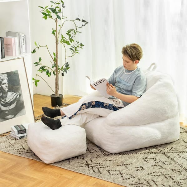Tufted Bean Bag Chair with 1 Ottoman and Soft Memory Foam Fluffy and Lazy Sofa Comfy Cozy Bean Bag Sofa in White