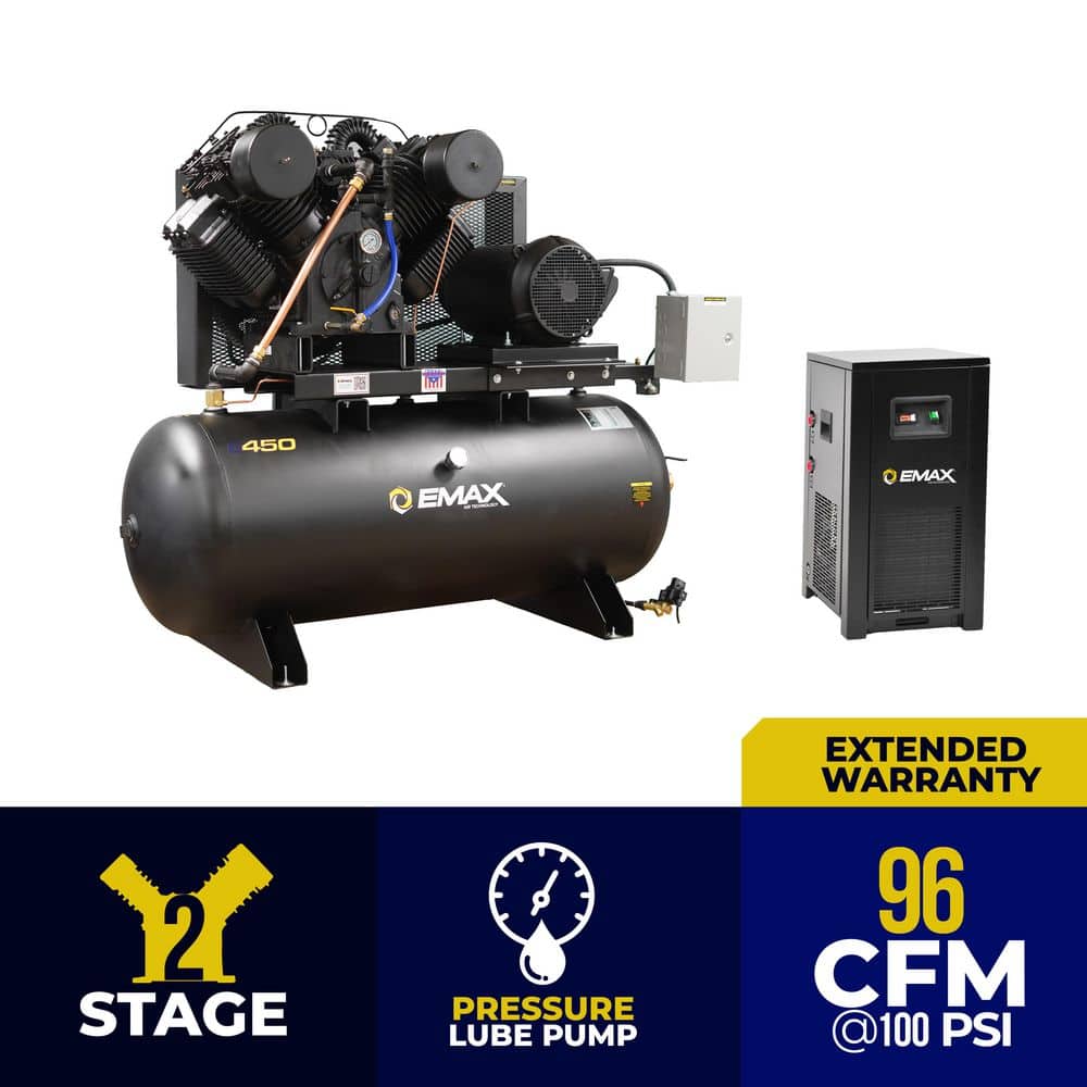 EMAX Industrial E450 Series 120 Gal. 175 psi 25HP 96CFM 3-Phase 230V 2-Stage Stationary Electric ...