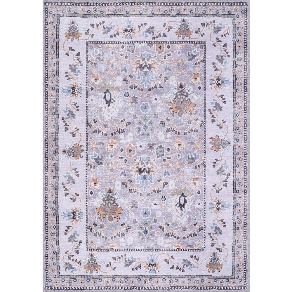 Beverly Rug Gray 5 ft. x 7 ft. Stain Free Floral Machine Washable ...