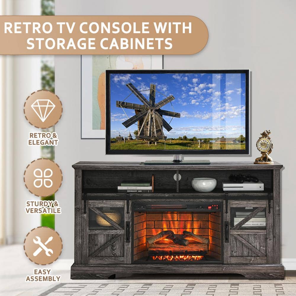 SUNRINX 60 in. Freestanding Electric Fireplace TV Stand With Door Sensor in Dark Rustic Oak ...