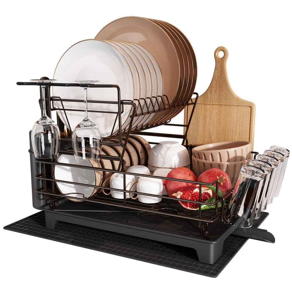 JASIWAY 2-Tier Metal Standing Dish Rack in Brown with Wine Glasses Rack ...