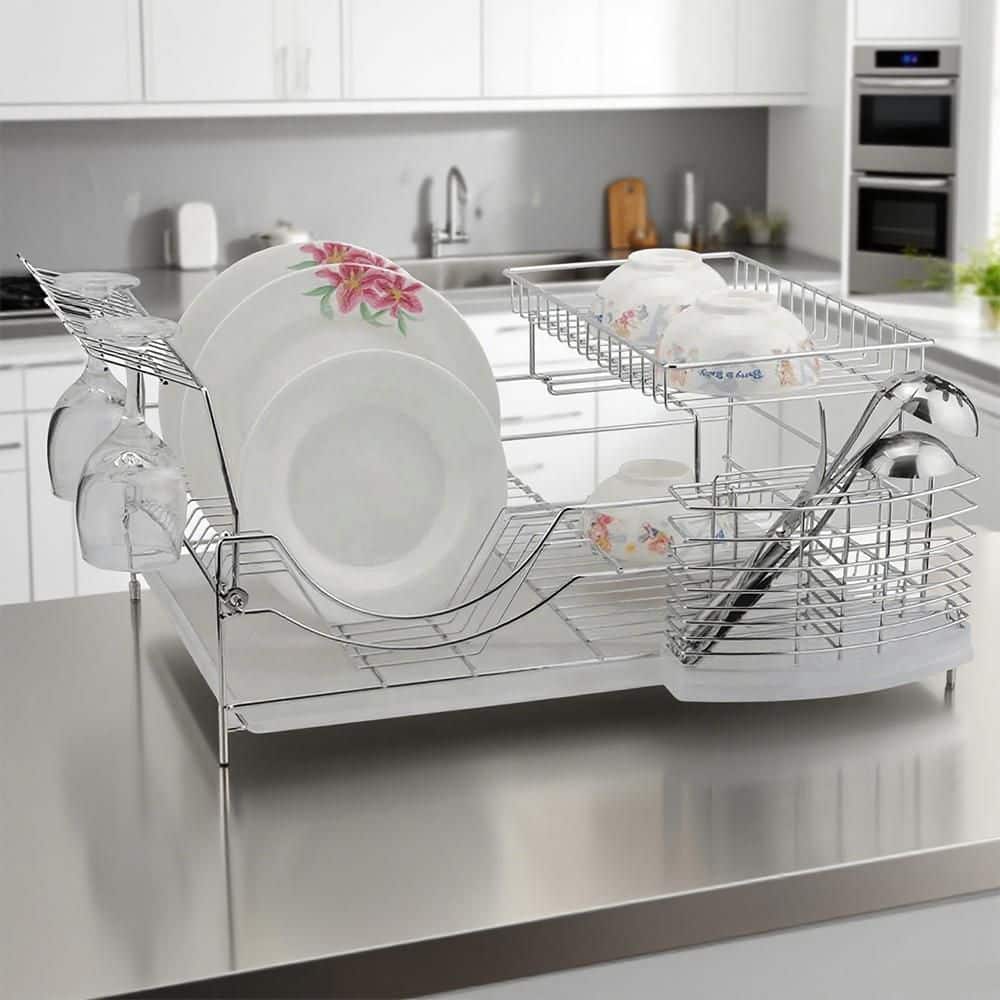 Tahanbath 2-Tier Silver Stainless Steel Standing Dish Rack with Chrome ...