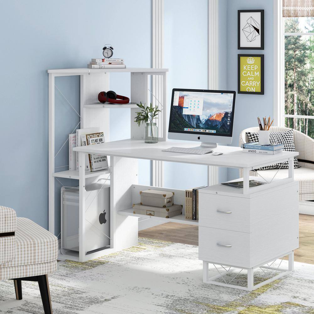 Buy Cassey 56.3 in. Retangular White Wood and Metal 2-Drawer Computer ...