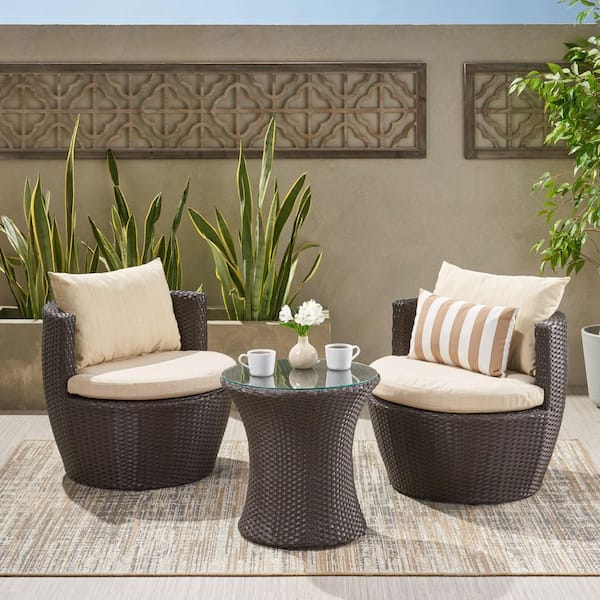 3 Pieces PE Wicker Outdoor Patio Conversation Set with Beige Cushion ...