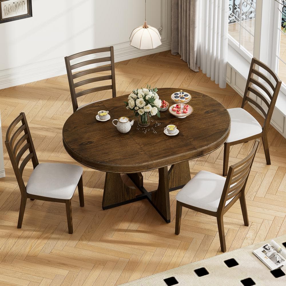Harper Bright Designs 5 Piece Walnut Wood Top Dining Set with Unique Geometric Design 1 Extendable Table and 4 Upholstered Chairs