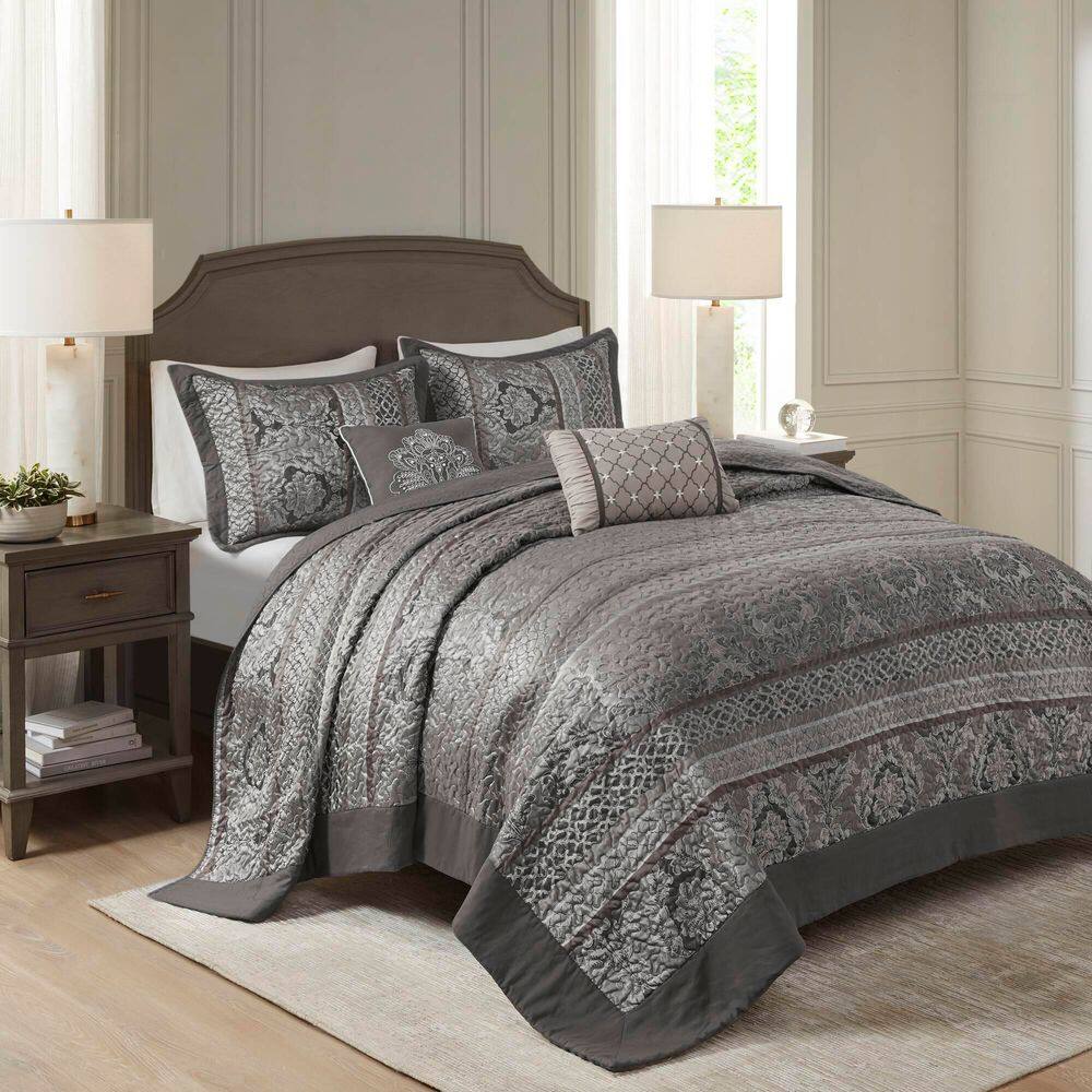 Madison Park Venetian 5-Piece Grey Cotton King Reversible Jacquard ...