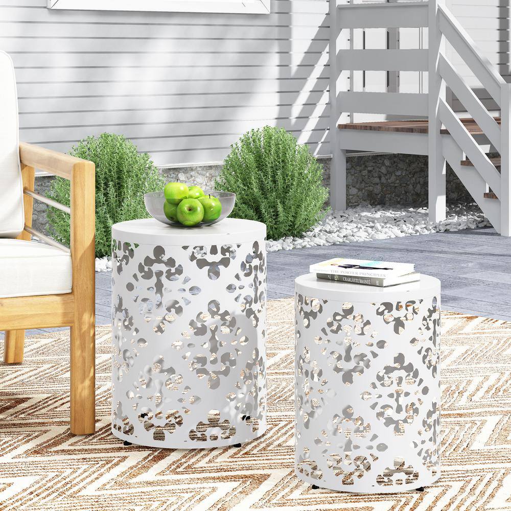 2 Pieces White Metal Outdoor Coffee Table, Weather Resistant Side Table ...