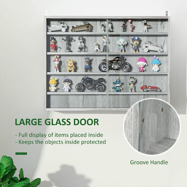Unbranded 5 Tier Grey Wall Mounted Display Cabinet Decorative Box Glass Display Case with 2 Doors and Adjustable Shelves XZ P155587