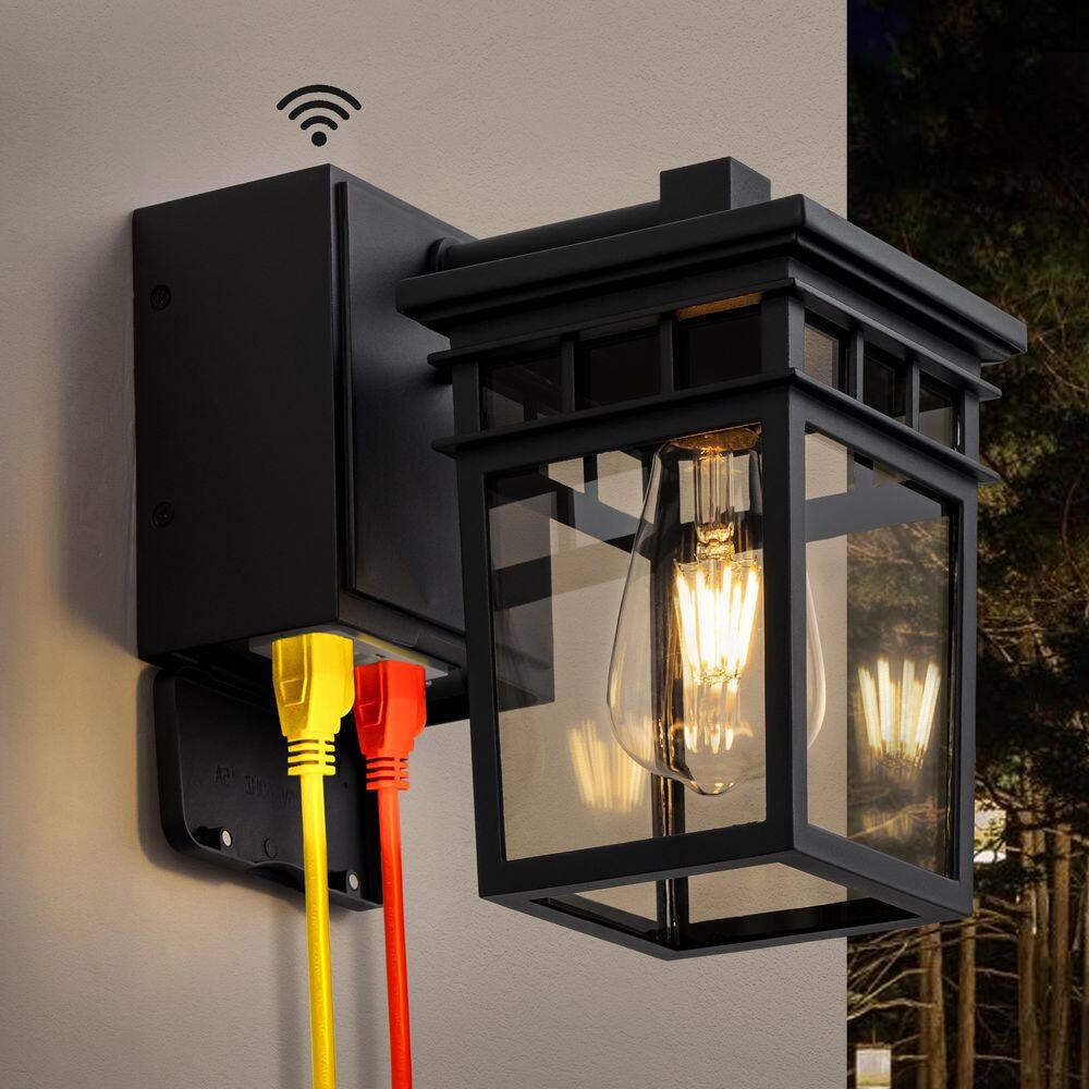 Laplusbelle 9.75 in. Black Dusk to Dawn Outdoor Hardwired Wall Lantern ...