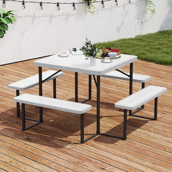 Liviza 63 in. White Square Steel and HDPE Picnic Tables Bench Set with ...