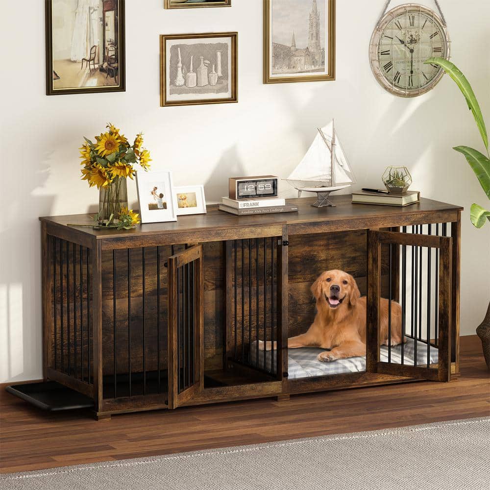 FUFU&GAGA Tiger Skin Dog Crate Furniture for 2 Dogs, 71 in. Heavy-Duty ...
