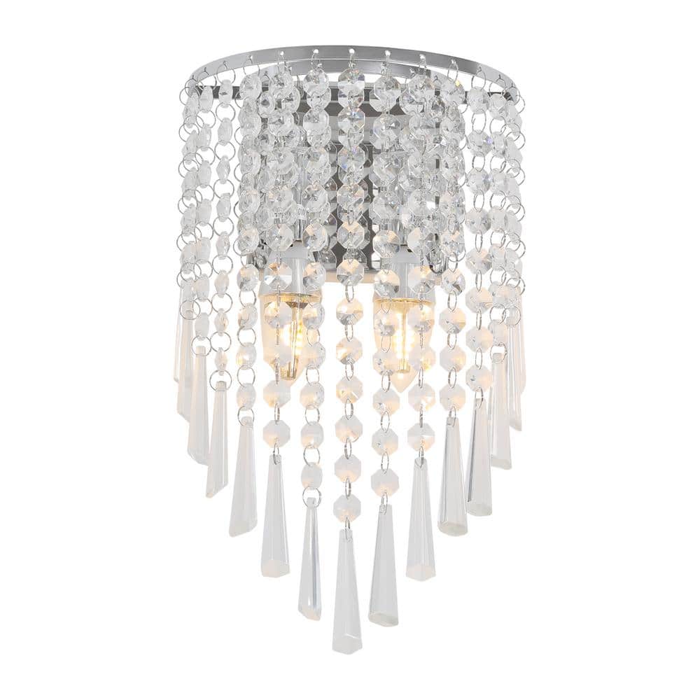 OUKANING 7.5 in. 2-Light Silver Modern K9 Crystal Wall Sconce with ...