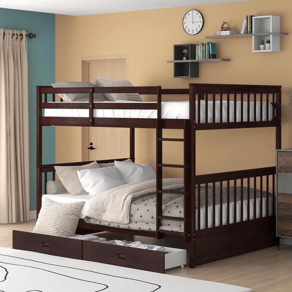 Polibi Espresso Full-Over-Full Bunk Bed with Ladders and 2 Storage ...