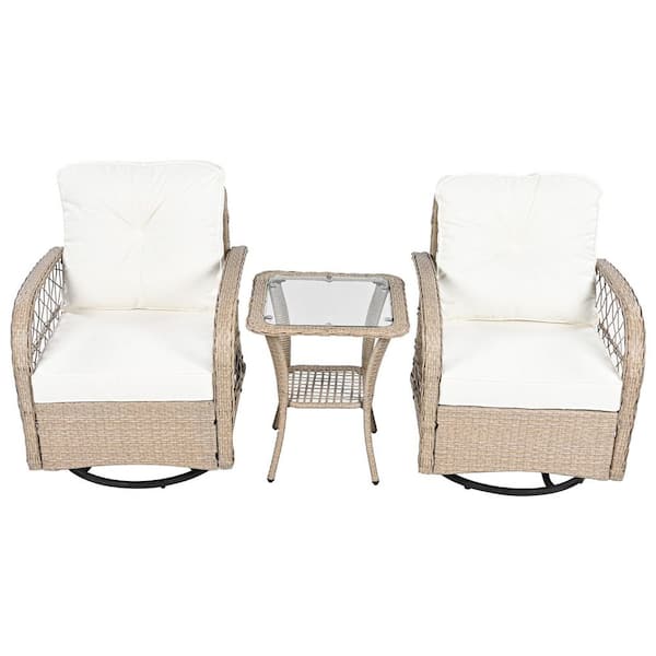 Natural Wicker 3-Piece Outdoor Swivel Rocker Set with Beige Cushions ...
