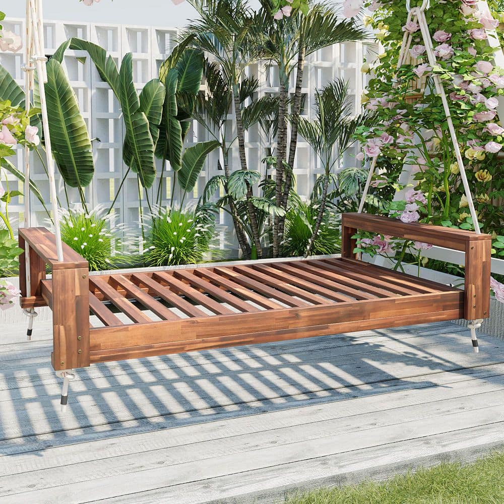 74 in. Twin Size Acacia Wood Porch Swing Bed Seating Group, Patio Swing ...