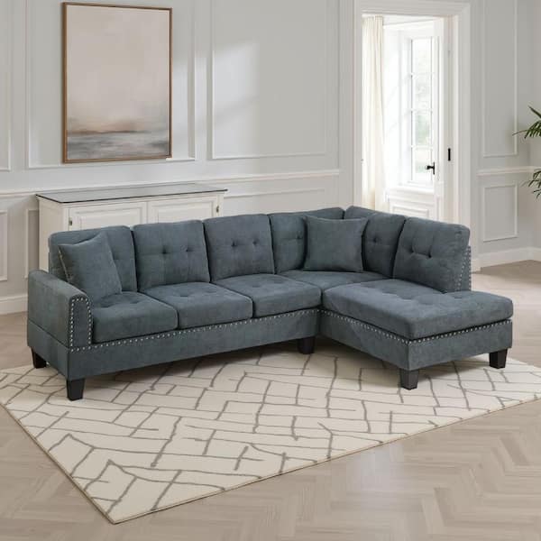 Benjara Dema 66 in. Round Arm 2-Piece Polyester Blend L-Shaped Sectional Sofa in. Ash Black ...