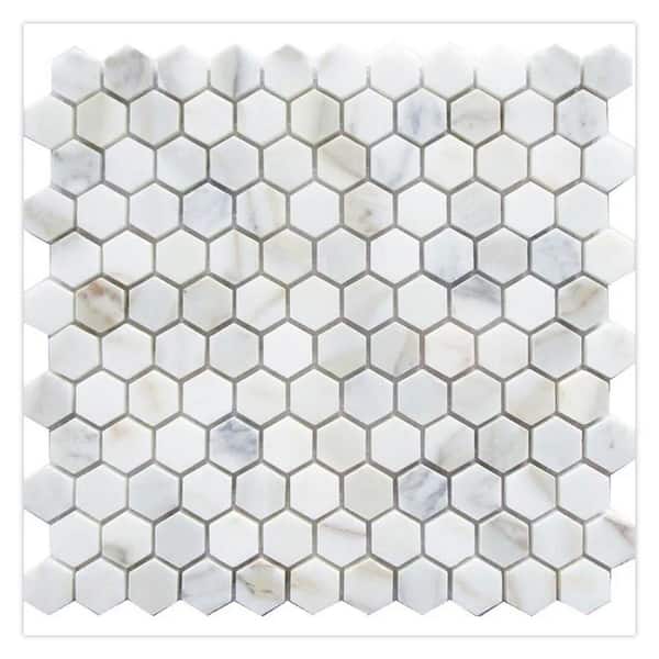 Apollo Tile Serena 4 in. x 5 in. Honed White Gray Marble Mosaic Hexagon ...
